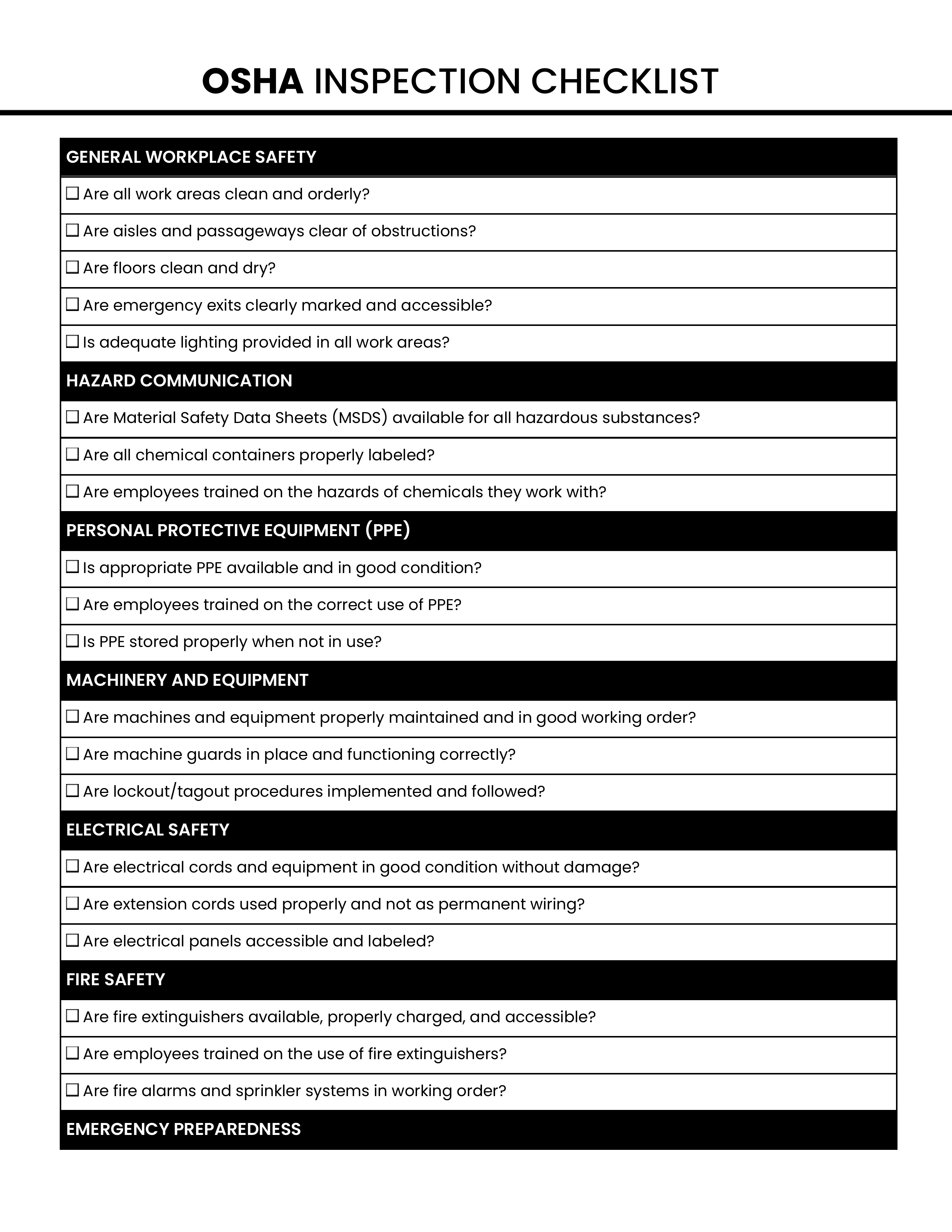 OSHA Inspection Checklist | Medusa Store