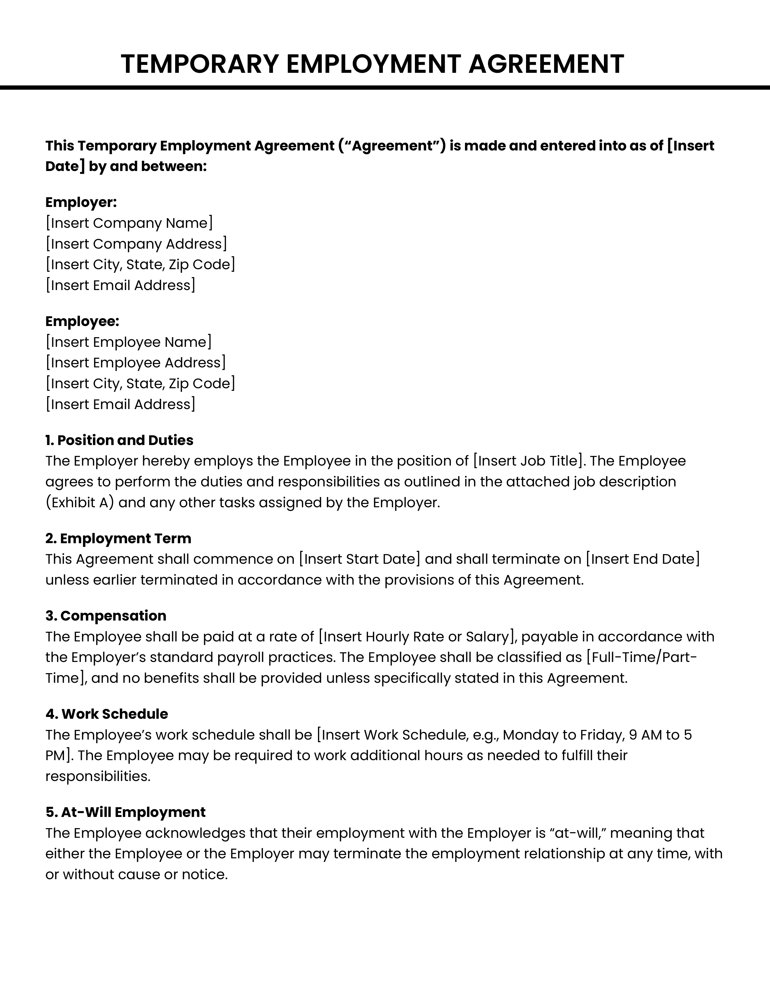 Temporary Employment Agreement | Medusa Store