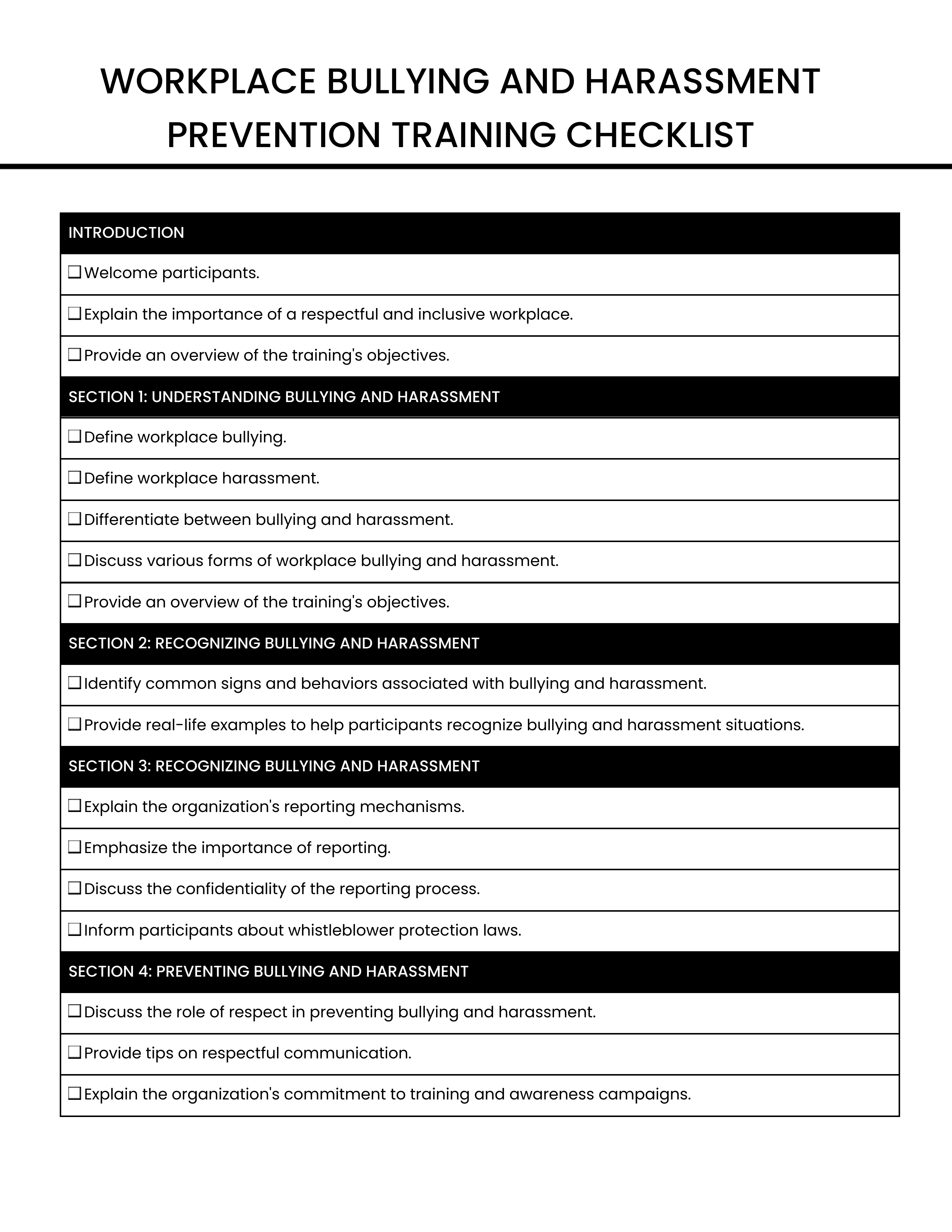 Workplace Bullying and Harassment Prevention Training Checklist ...